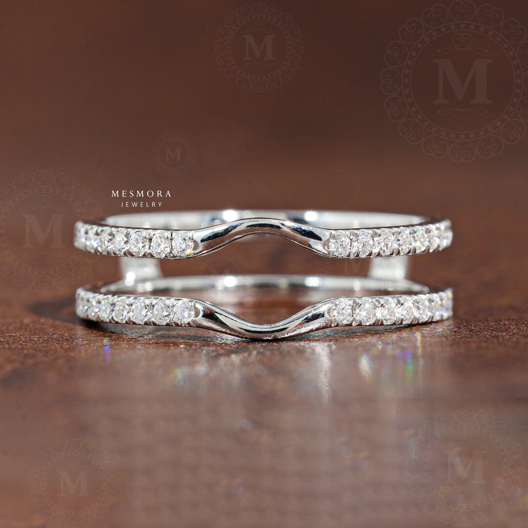 Diamond Double Band Wedding Ring Solid Gold Half Eternity Ring Women's ...
