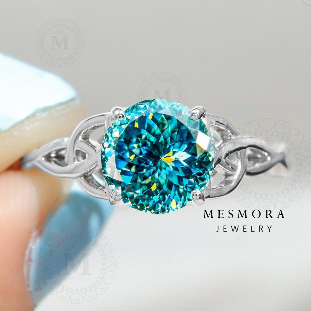Classic 2 CT Portuguese Cut Cyan Blue Moissanite Engagement Ring ...