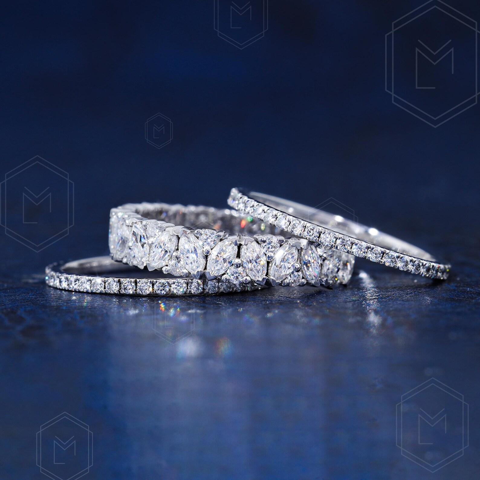4 MM Marquise and Round Cut Full Eternity Wedding Band Trio Full ...