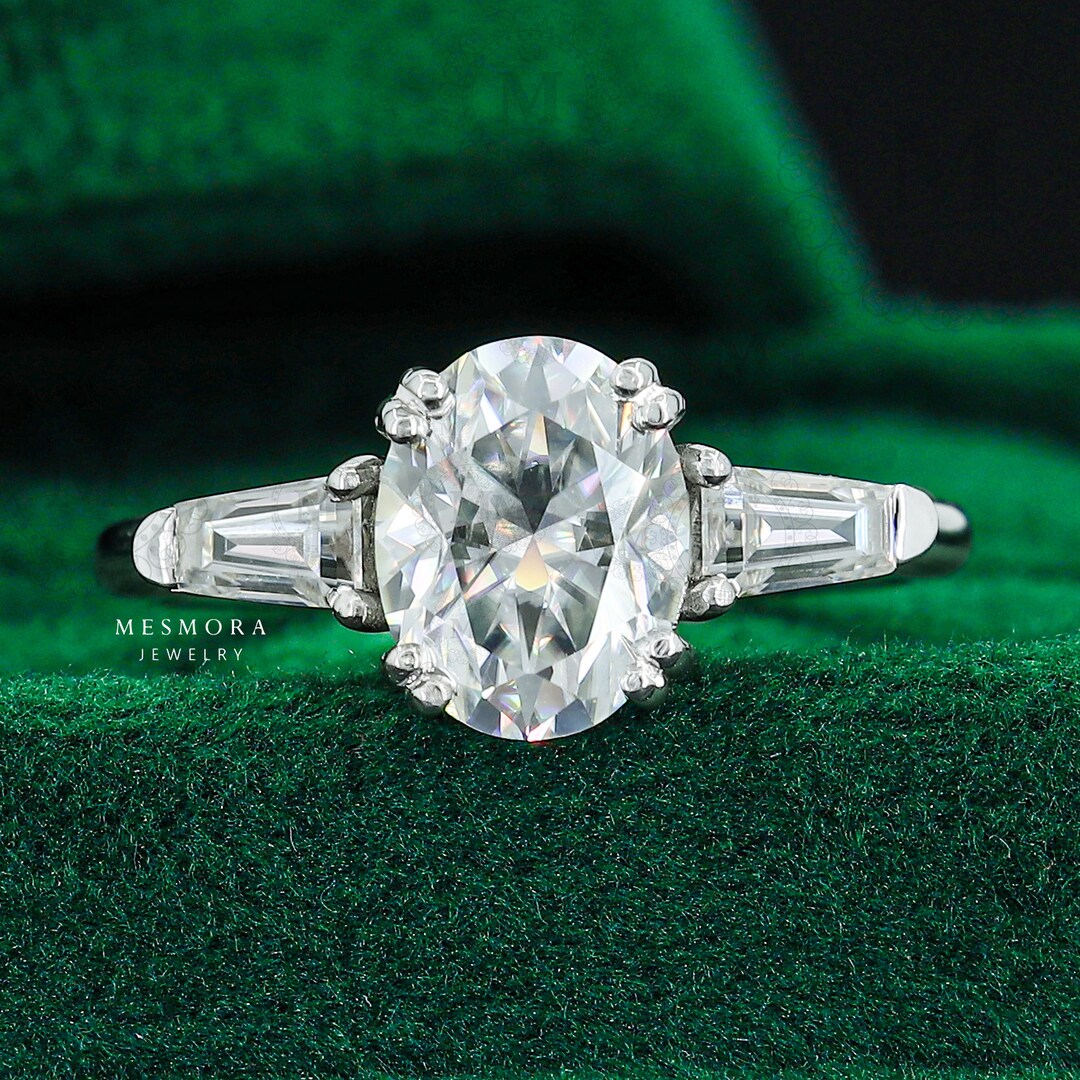 Tapper Baguette Wedding Ring Trilogy Ring 1.68ct Oval Cut Moissanite ...