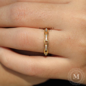 Moissanite Gold Chain Link Ring 14K Solid Gold Minimalist Pave Chain Ring Dainty Gold Diamond ...