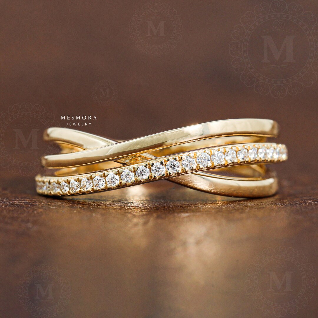 Crossover Round Natural Wedding Ring Solid Yellow Gold Criss Cross ...
