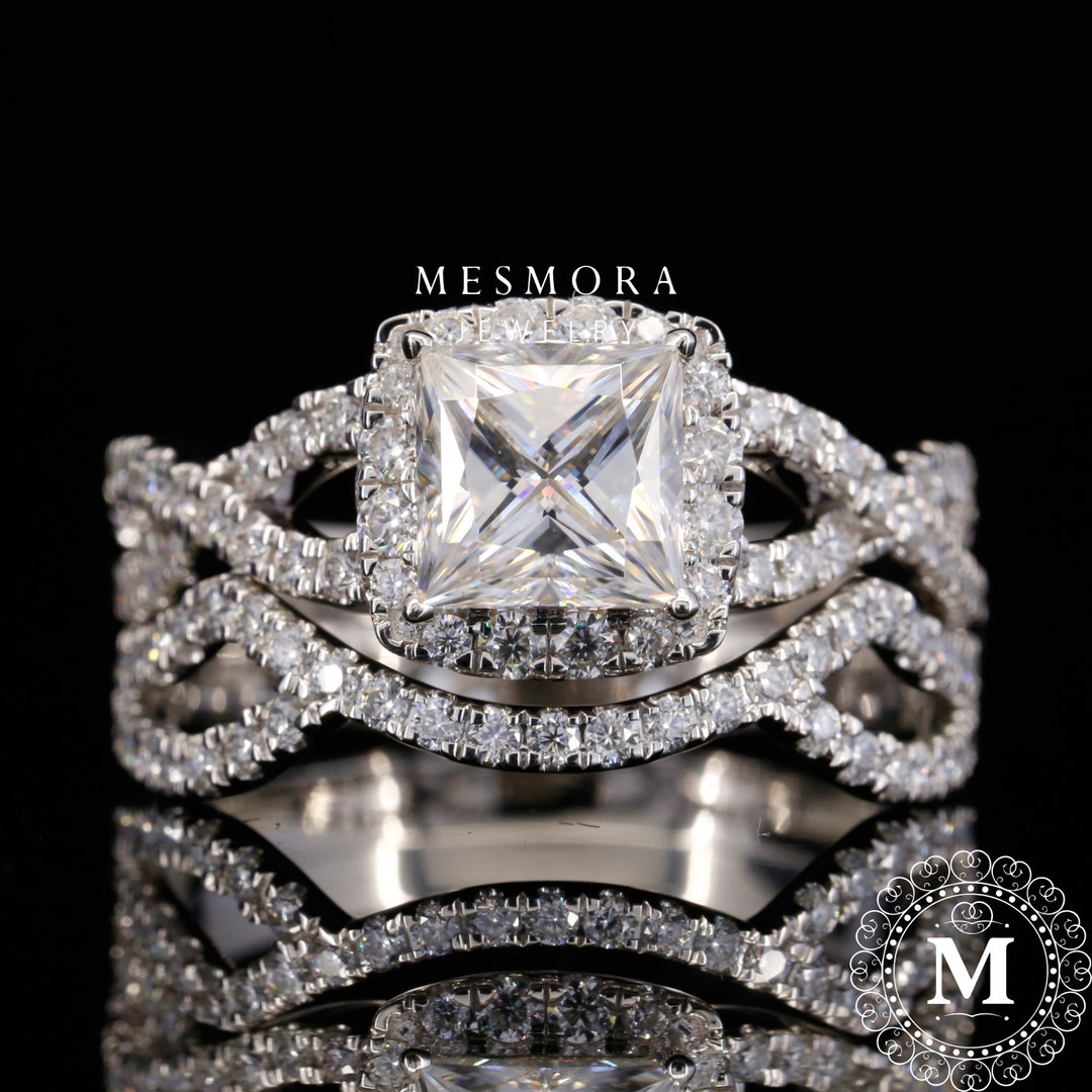 2.7CT Princess Engagement Ring Set White Gold Princess Cut Moissanite ...