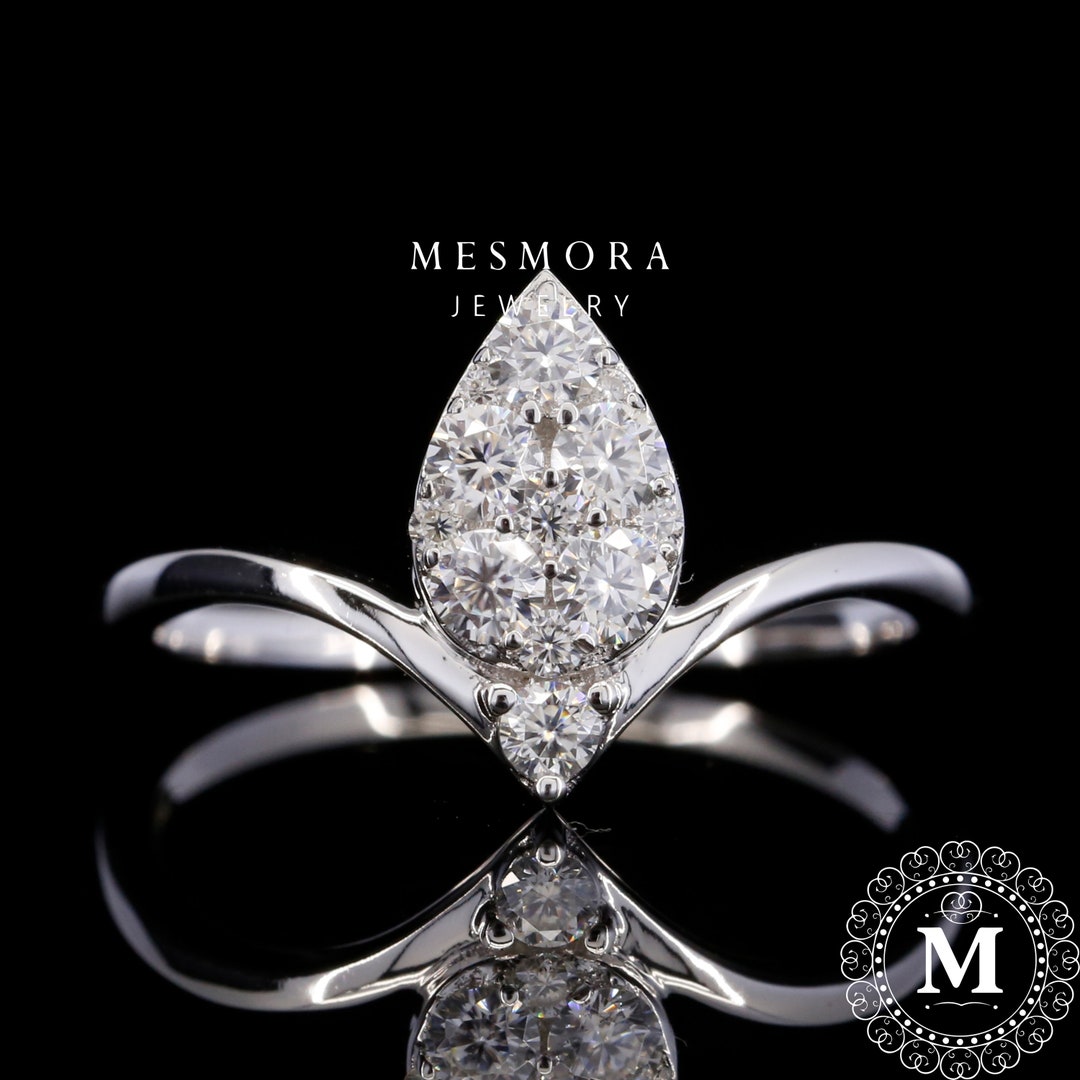 Unique Curved Pear Shape Round Cut Moissanite Wedding Band 14K Solid ...