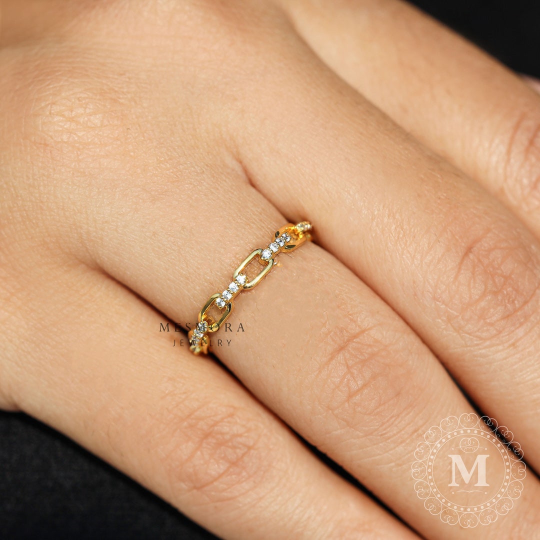 Moissanite Gold Chain Link Ring 14K Solid Gold Minimalist Pave - Etsy