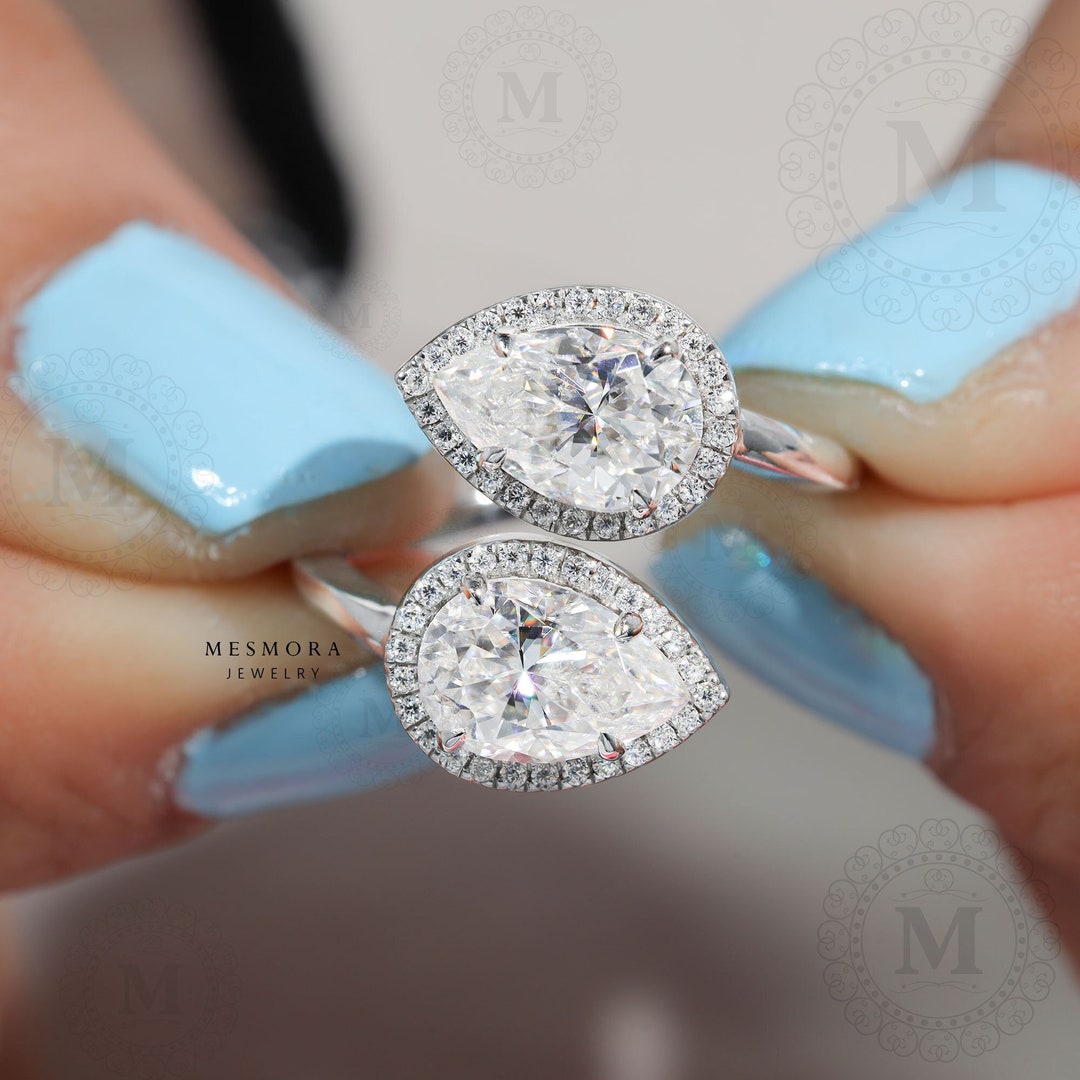 Double Stone Engagement Ring Two Stone Diamond Ring Pear Cut Moissanite ...