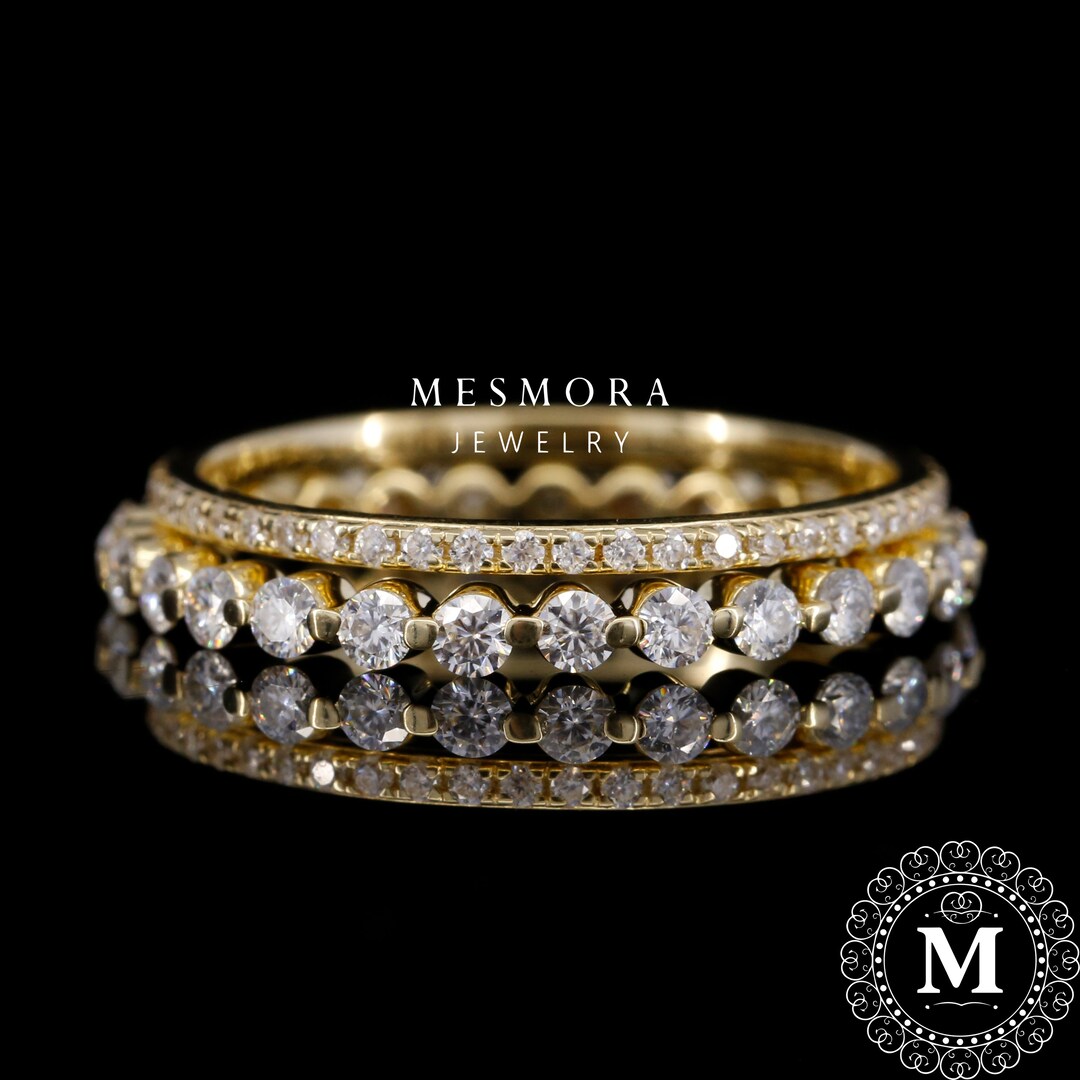 14K Solid Gold Full Eternity Band Set Diamond Wedding Band Moissanite ...