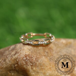 Moissanite Gold Chain Link Ring 14K Solid Gold Minimalist Pave Chain Ring Dainty Gold Diamond ...