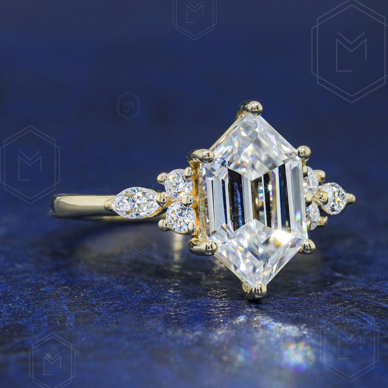 Vintage Style Art Deco Long Hexagon Cut Moissanite Engagement Ring 14K ...