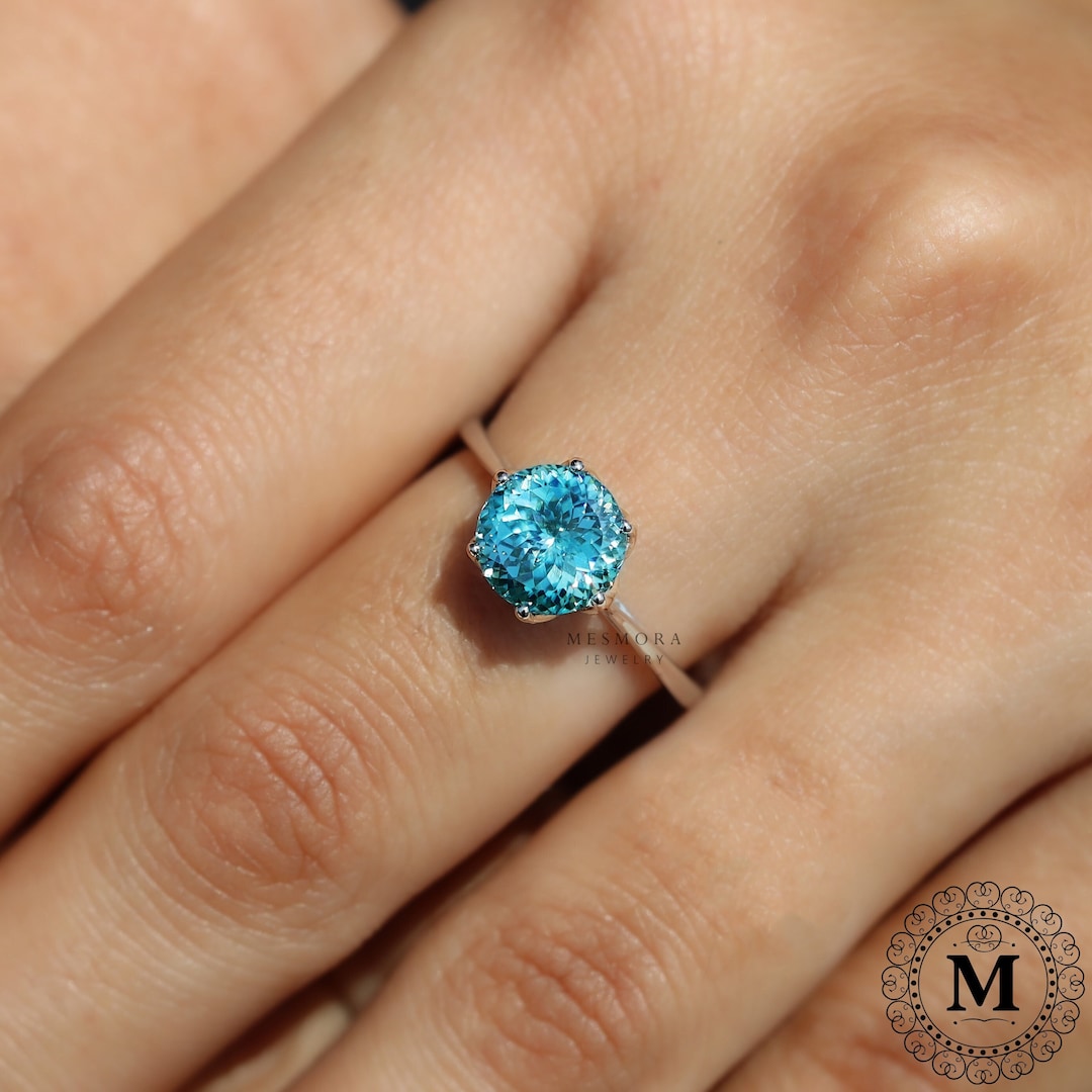 8mm Portuguese Cut Cyan Greenish Blue Moissanite Engagement Ring Unique ...