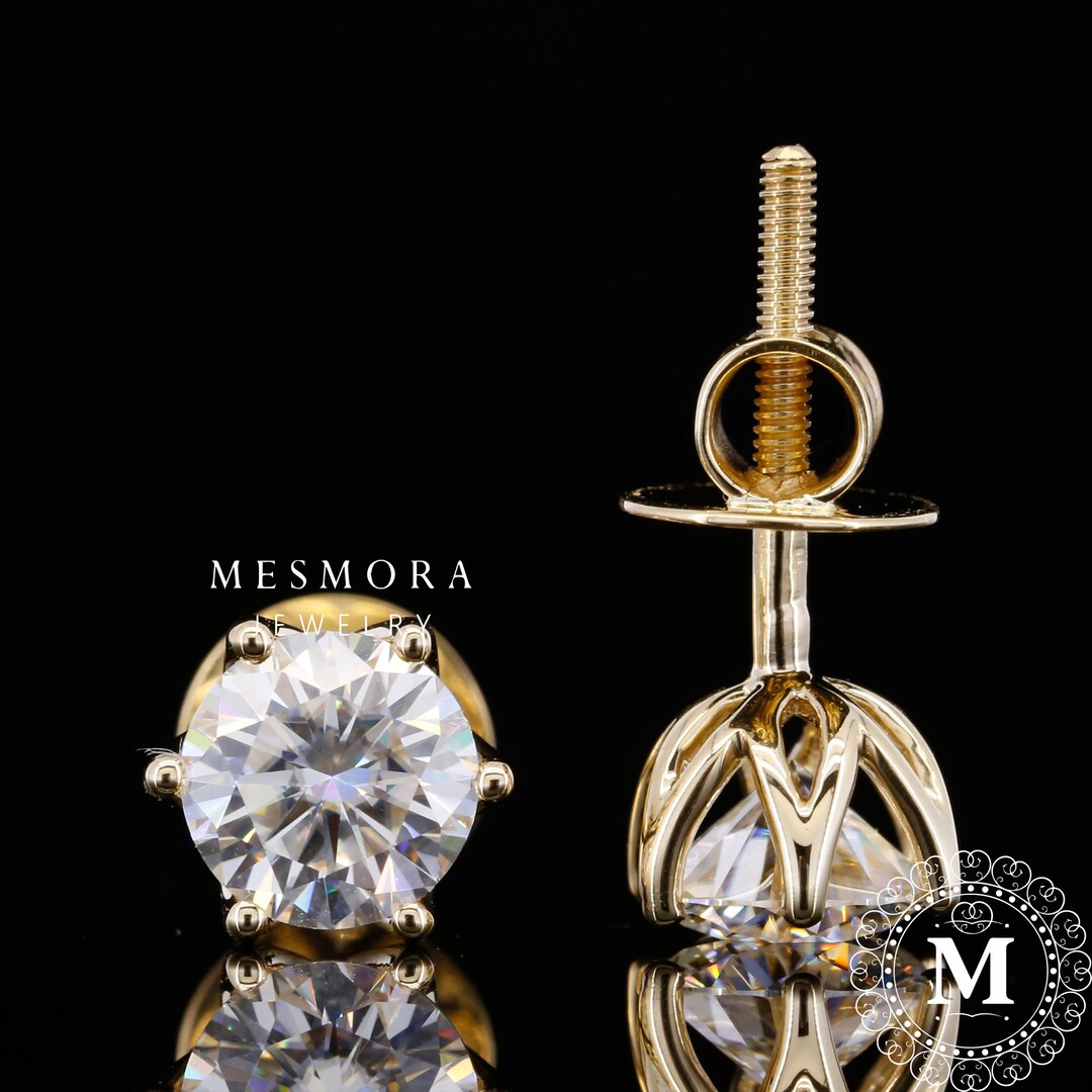 Round Diamond Beautiful Stud Earring With Screw Back Solid Gold Ear ...