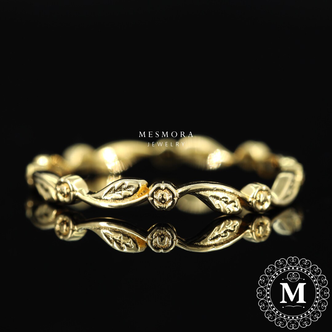 Vintage Solid Gold Nature Inspired Ring Flower Eternity Band Women ...