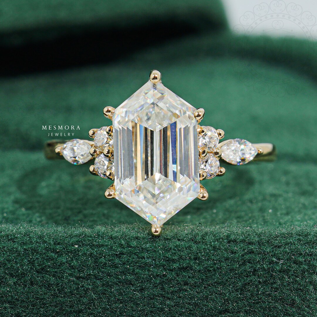 Vintage Style Art Deco Long Hexagon Cut Moissanite Engagement Ring 14K ...