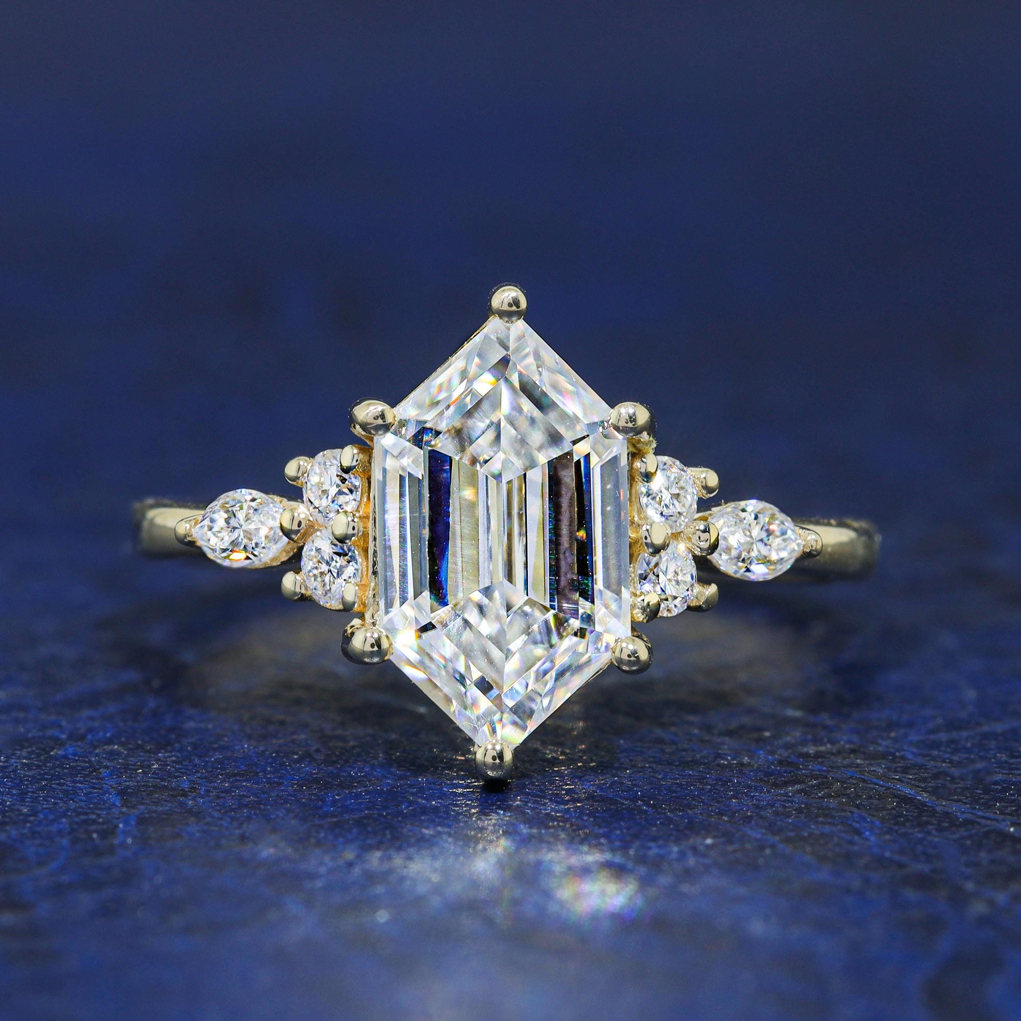 Vintage Style Art Deco Long Hexagon Cut Moissanite Engagement Ring 14K ...