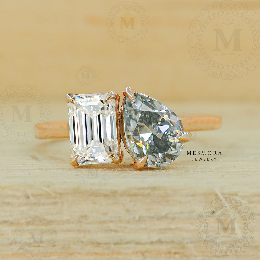 Two Stone Engagement Ring 14K Gold Emily Ratajkowski Style Ring Gray ...