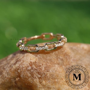 Moissanite Gold Chain Link Ring 14K Solid Gold Minimalist Pave Chain Ring Dainty Gold Diamond ...