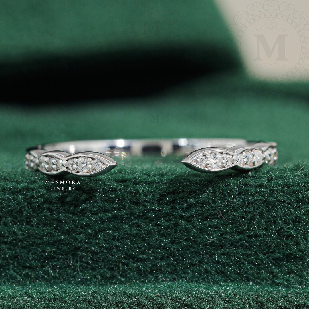 Minimalist Open Gap Wedding Band Milgrain Round Moissanite Diamond ...