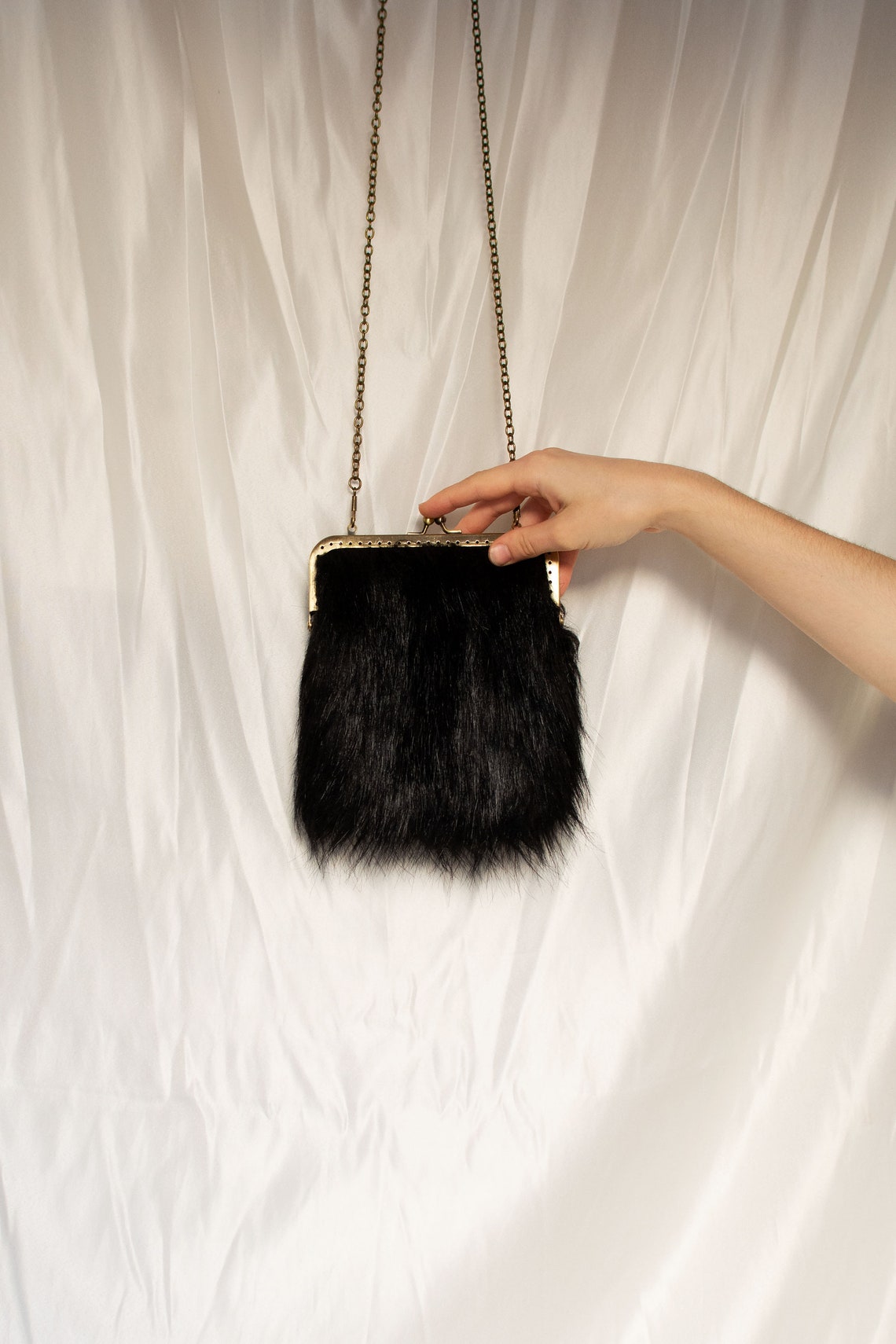 Black Fur Purse Black Fuzzy Bag With Clasp Black Fluffy Bag Etsy
