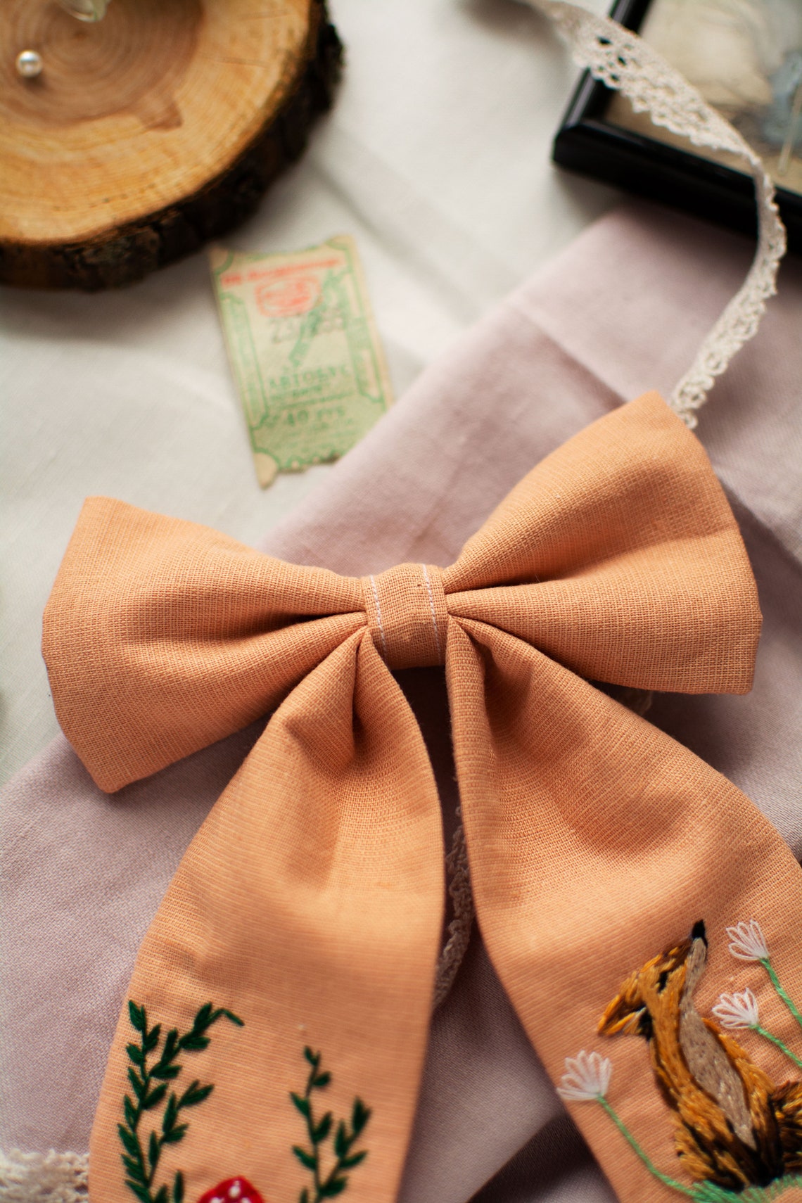 Cottagecore Hair Bow with Fox Embroidery Linen Embroidered | Etsy