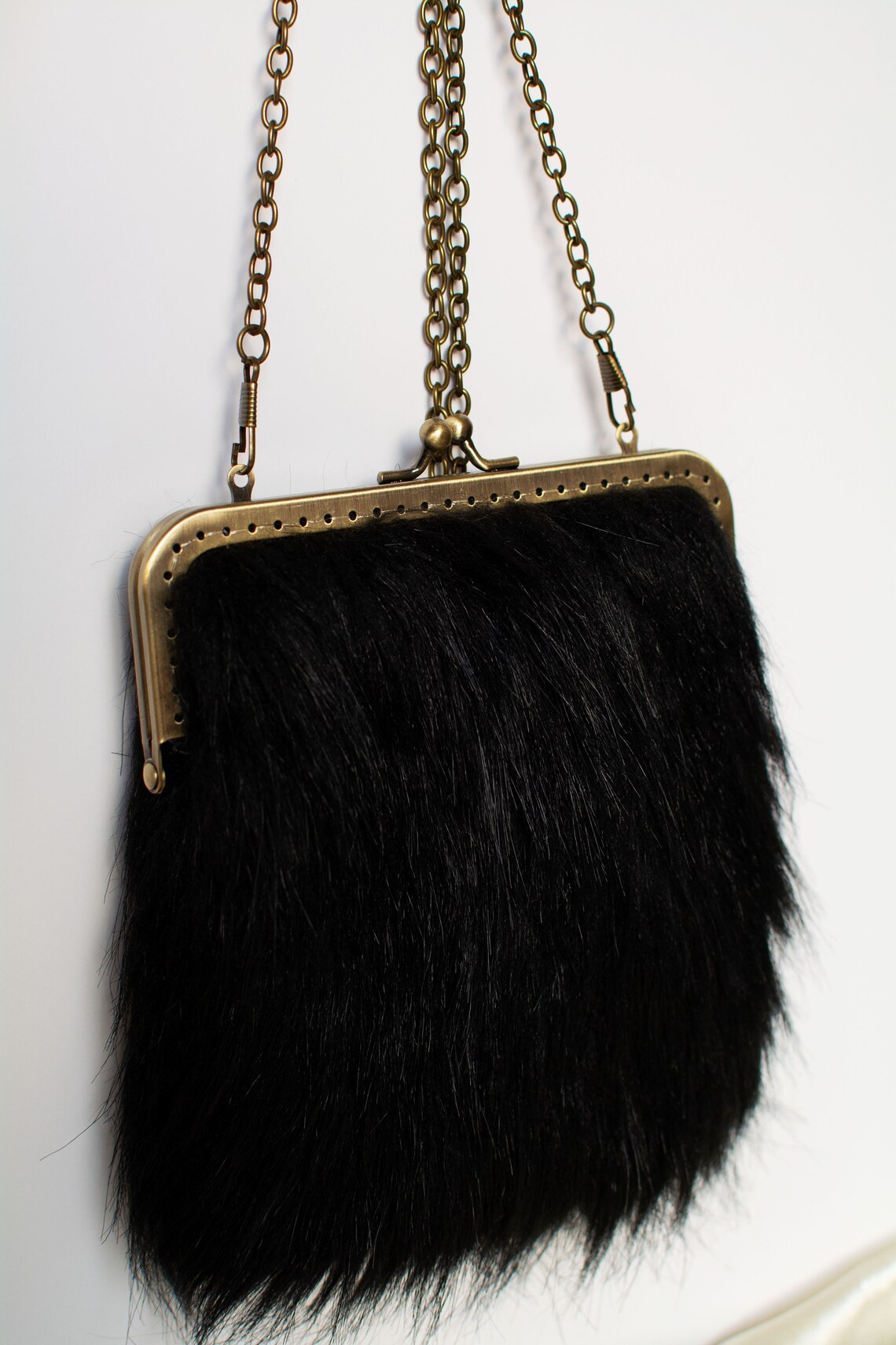 Black Fur Purse Black Fuzzy Bag With Clasp Black Fluffy Bag Etsy