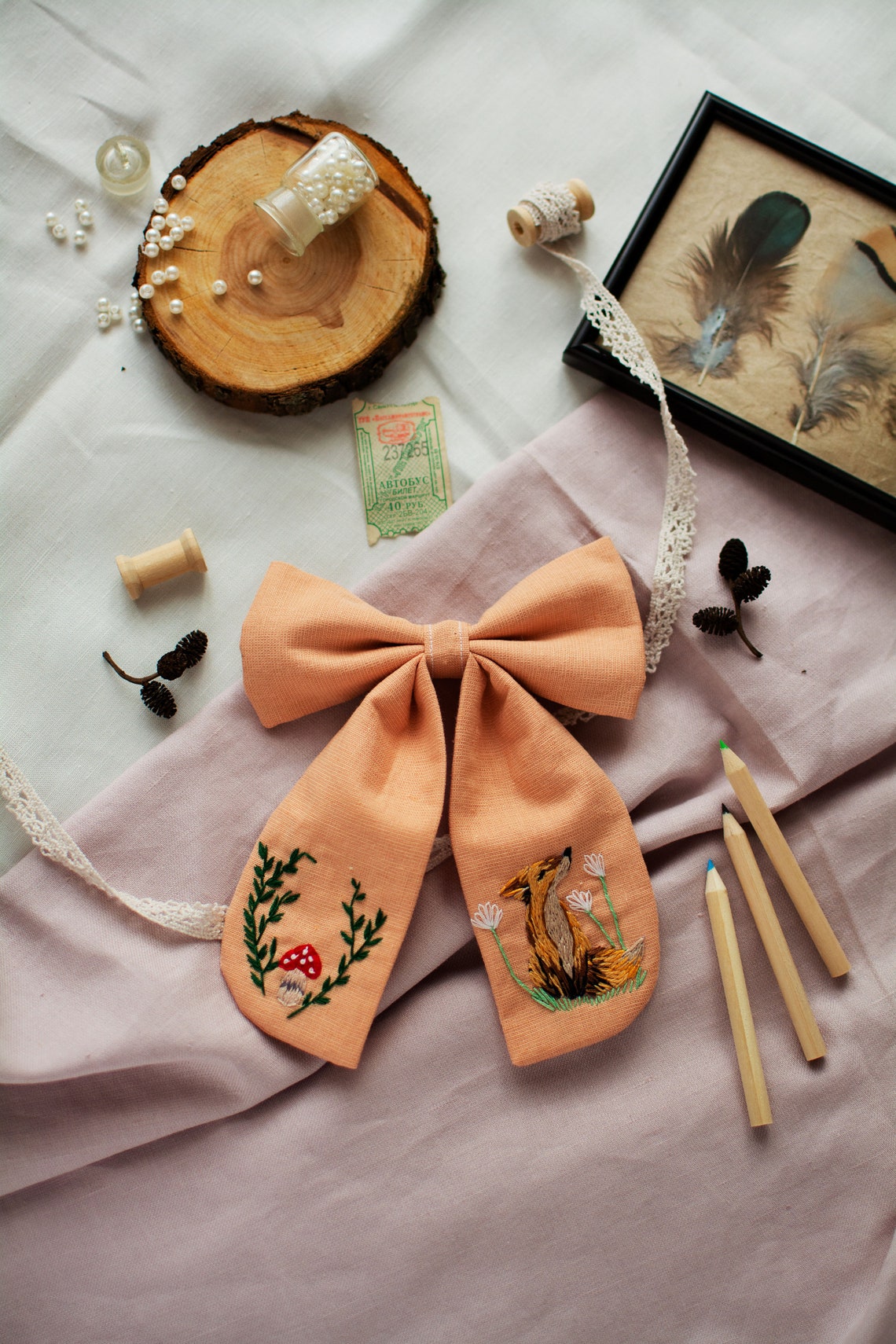 Cottagecore Hair Bow with Fox Embroidery Linen Embroidered | Etsy