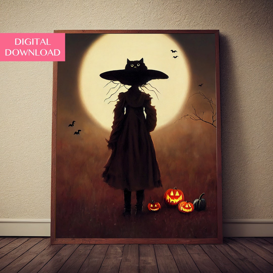 Witch and Cat Halloween, Digital Download, Spooky Art - Etsy