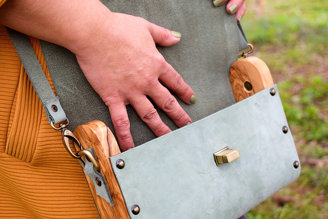 Mint Color Bag Wooden Leather Bag Women. Handcrafted Bag | Etsy