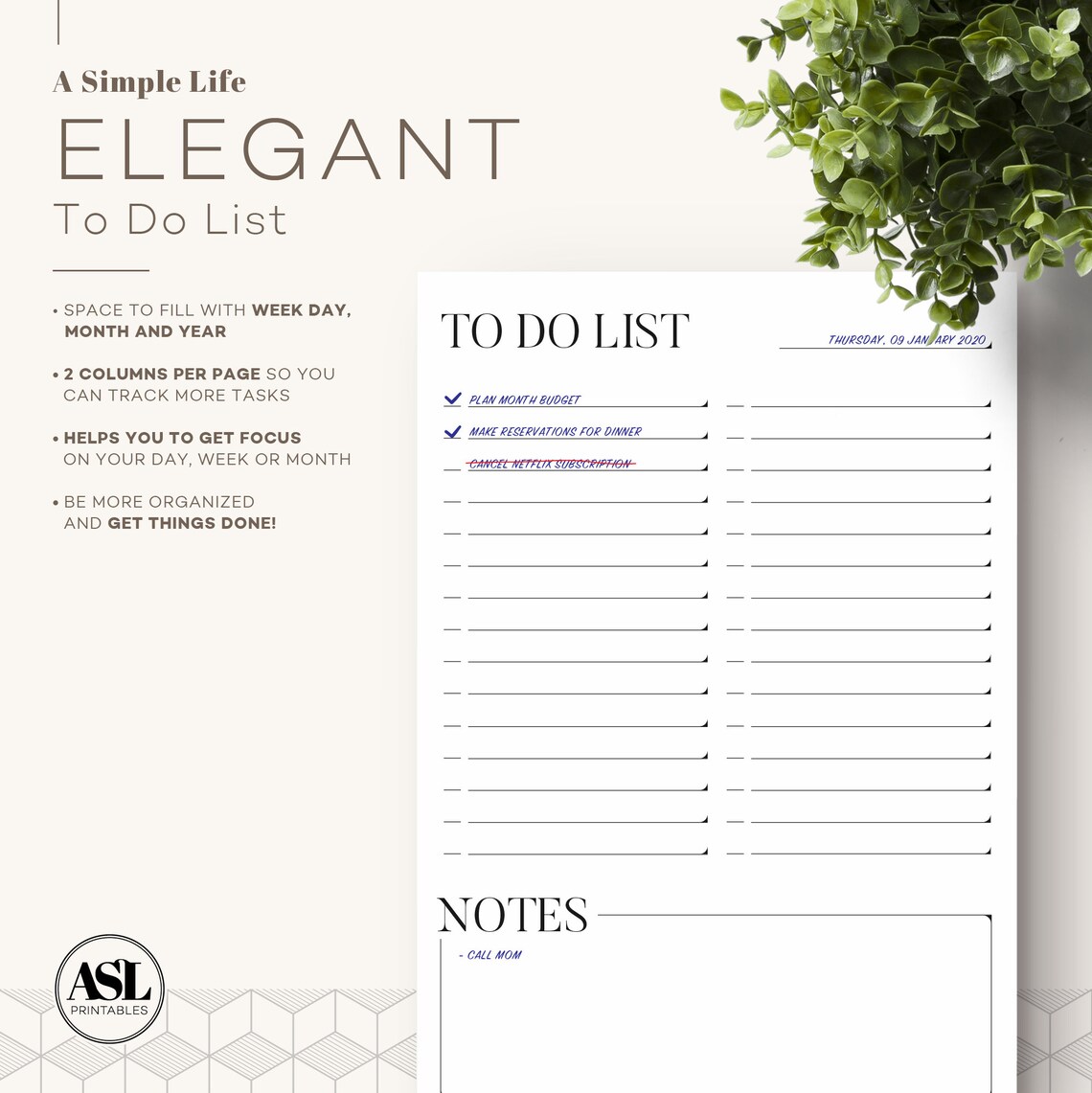 Elegant to Do List Printable Planner, Digital Undated PDF, A4, A5 ...