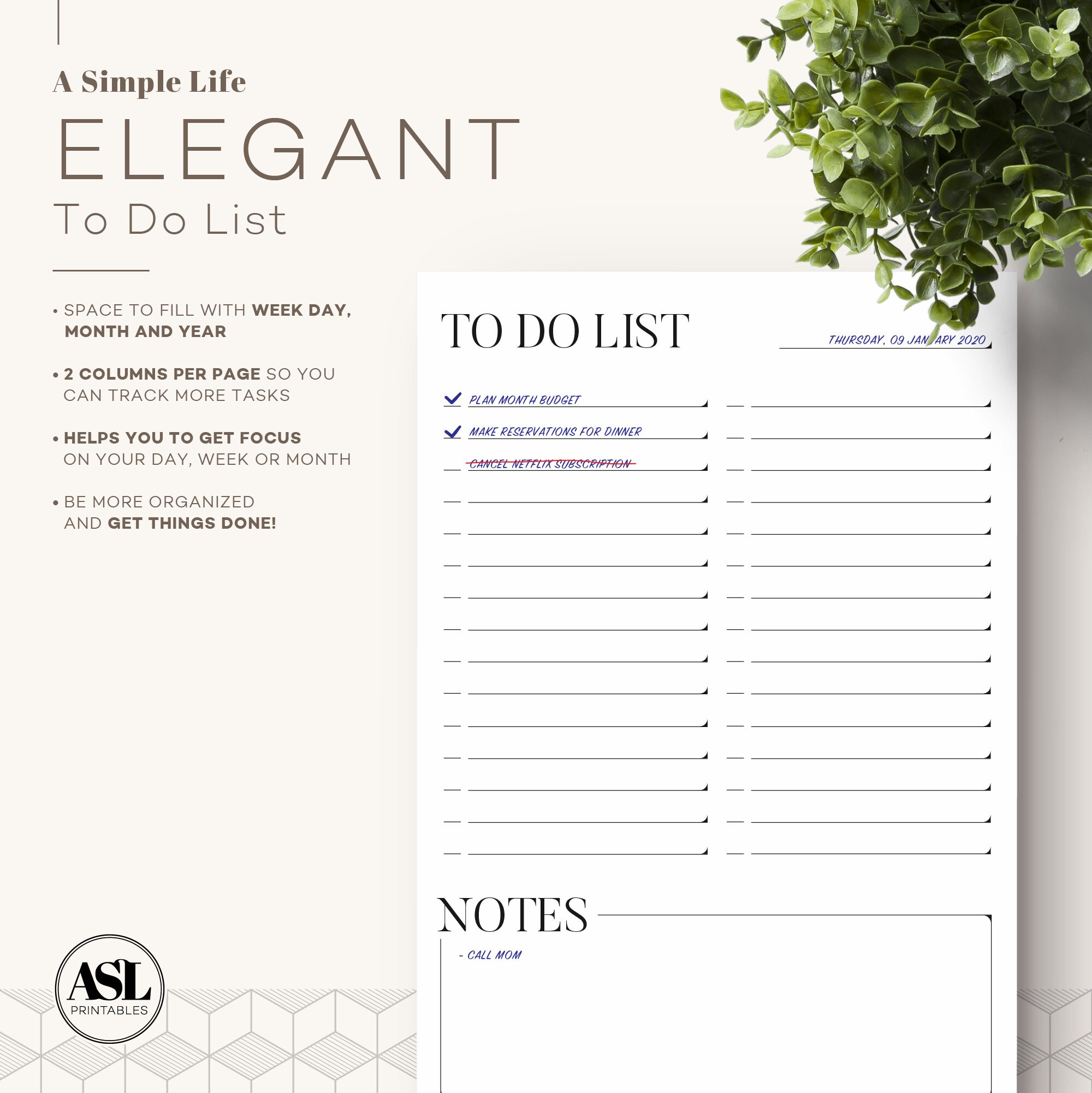 Elegant to Do List Printable Planner, Digital Undated PDF, A4, A5 ...