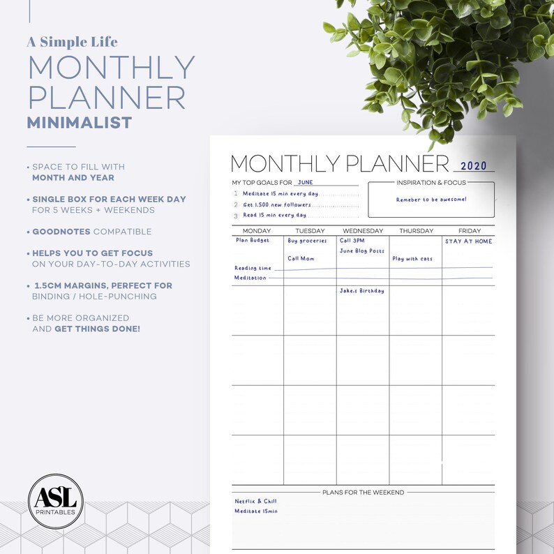 Minimalist Monthly Planner Calendar - Digital Undated Portrait PDF, A4 ...