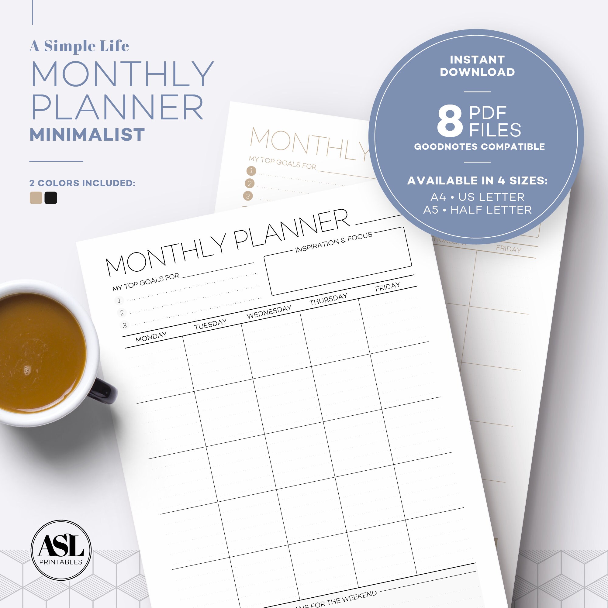 Minimalist Monthly Planner Calendar - Digital Undated Portrait PDF, A4 ...