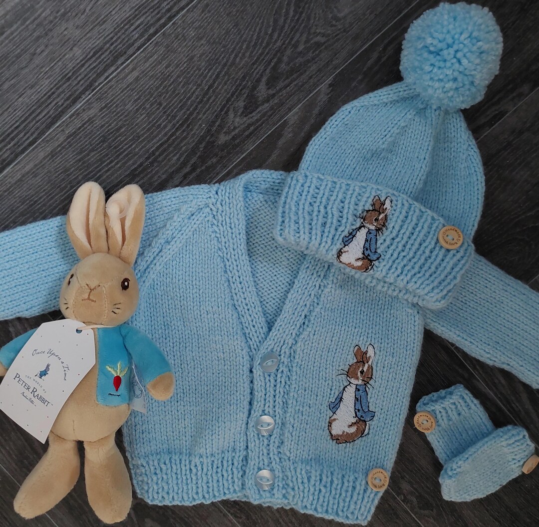 Handknitted Peter Rabbit Baby Boy Blue Cardigan Hat & Mittens Set With ...