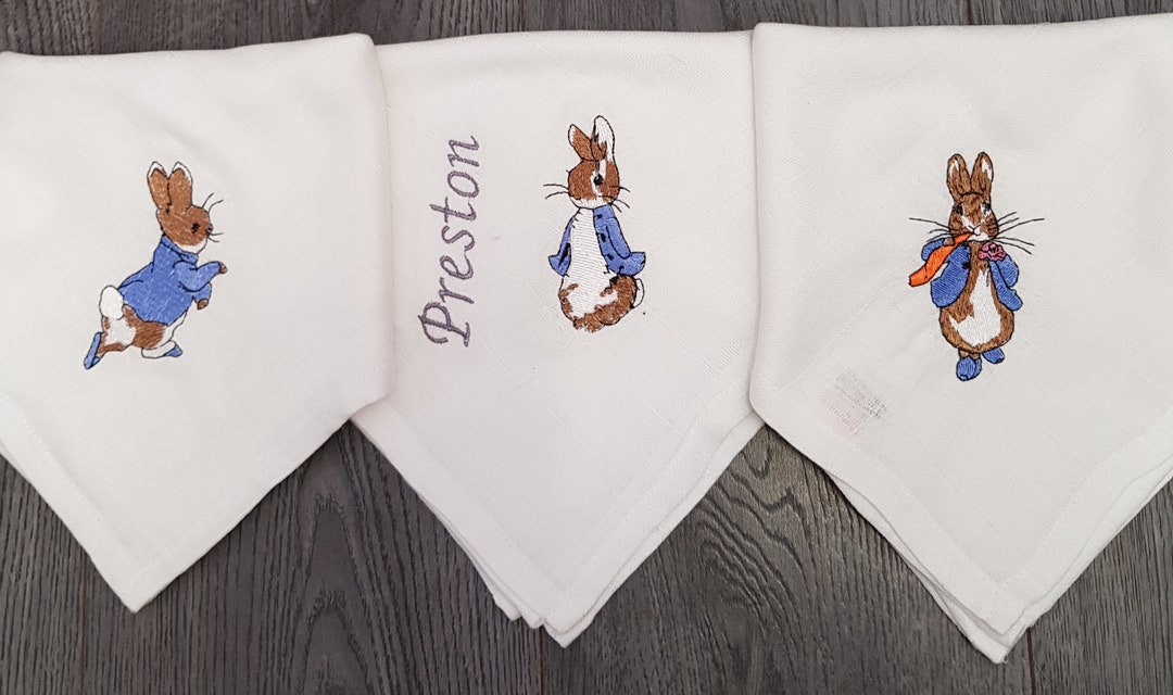 Set of 3 Personalised Embroidered Peter Rabbit Muslin Squares Birth ...