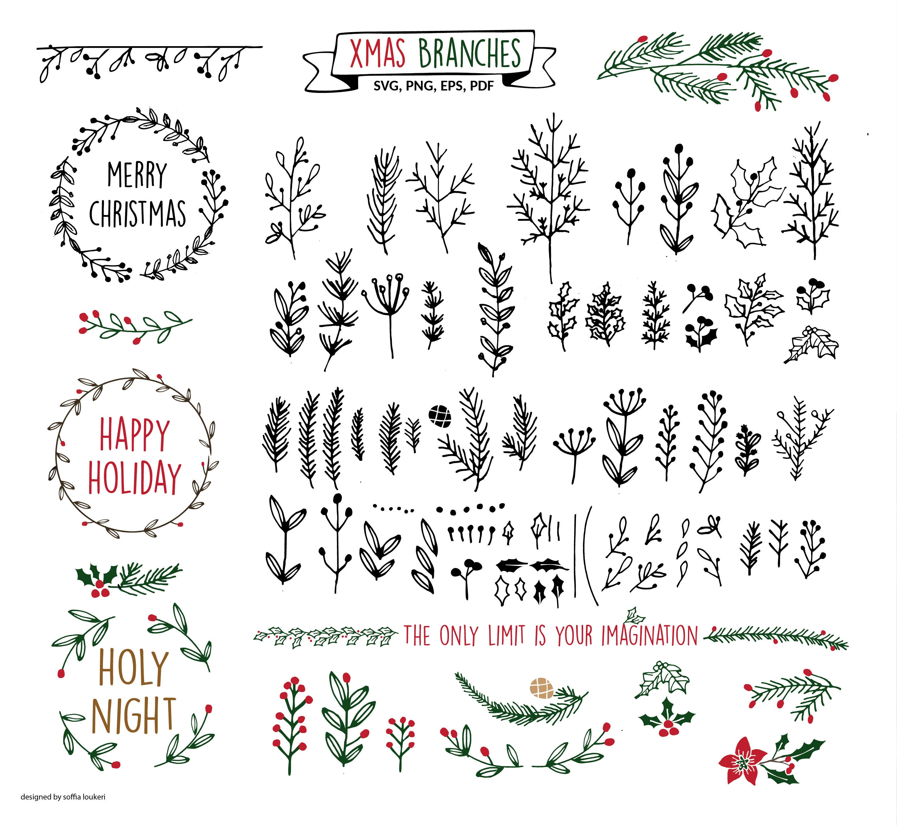 SVG Christmas Set, Vector Line Art, Digital Download, Christmas Clipart ...