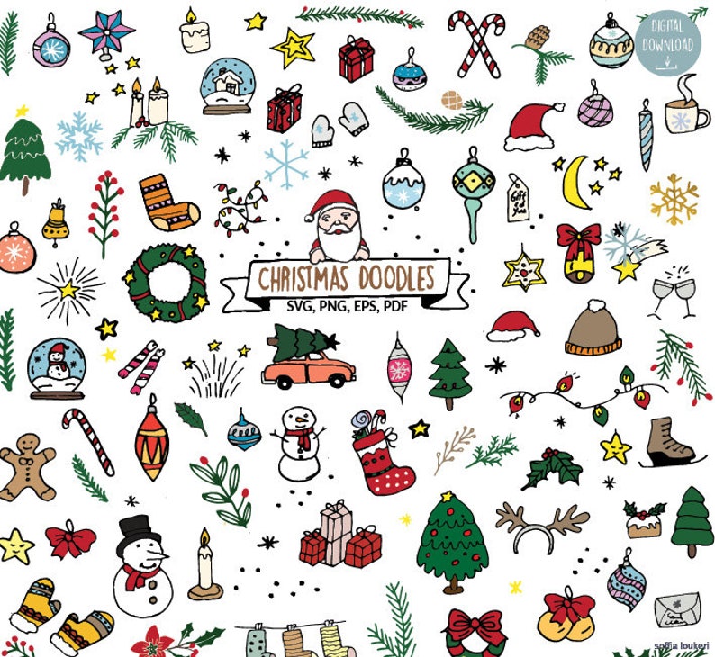 Christmas Clip Art, Doodle Hand Drawn Winter Clip Art, Holidays, Xmas ...