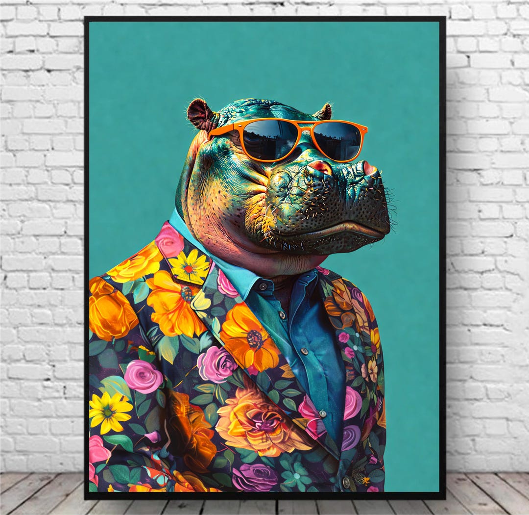 Hippo in Suit Print, Trendy Wall Art, Funky Animal Poster, Dopamine ...