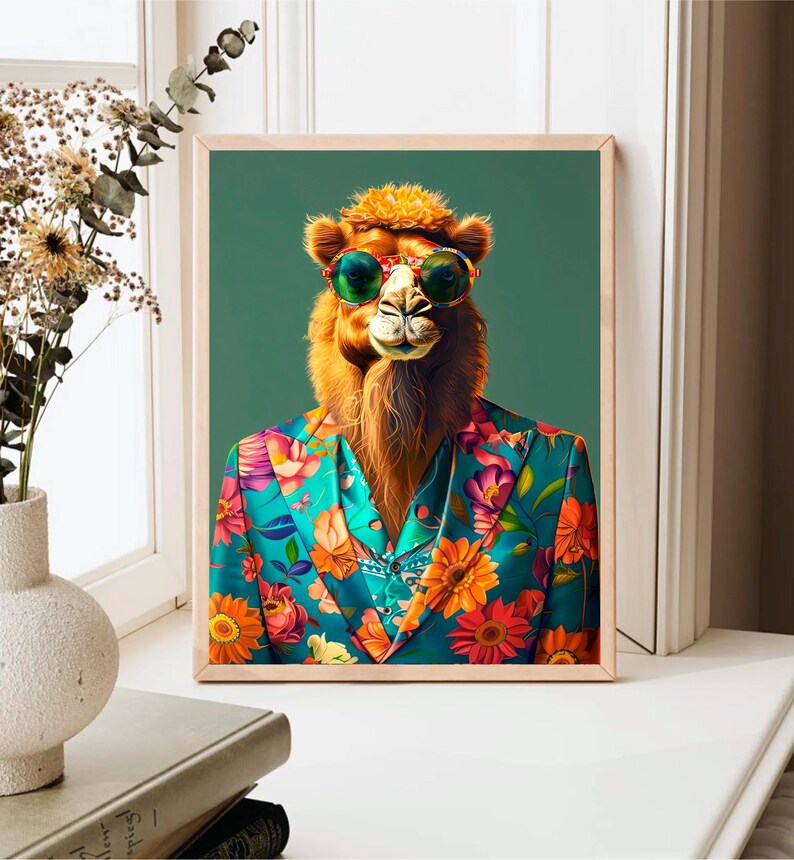 Camel in Suit Portrait Print, Animal Head Human Body Poster, Bohemian ...