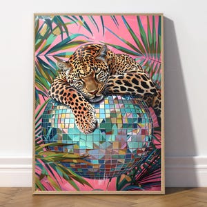 Leopard on the Disco Ball, Dopamine Decor Pink Print, Colorful Wall Art ...