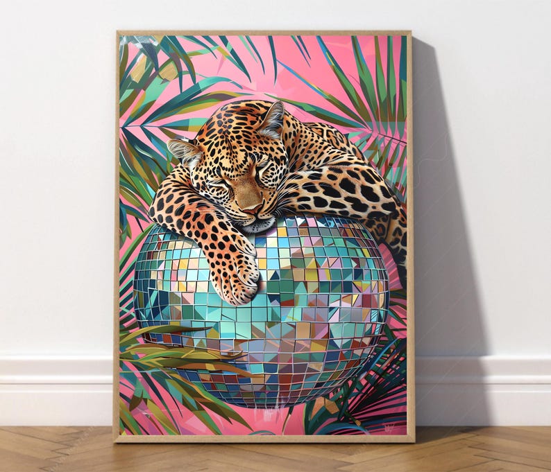 Leopard on the Disco Ball, Dopamine Decor Pink Print, Colorful Wall Art ...