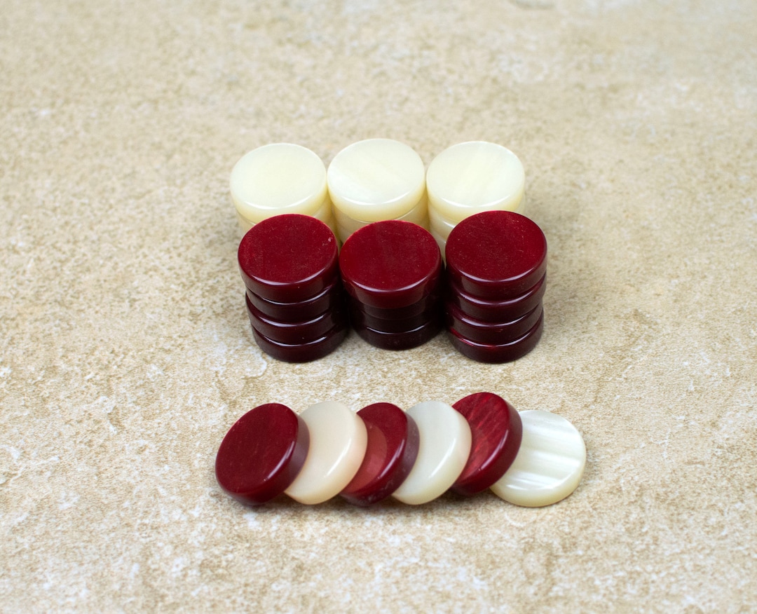 30 High Quality Acrylic Mother of Pearl - Backgammon Checkers - Chips Red & Ivory 1.0 Inches (26 ...