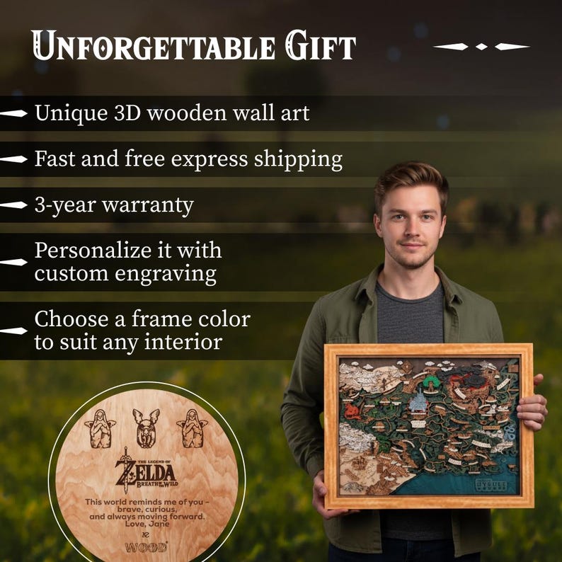 The Lands of Hyrule 3D Wood Map, BOTW Shrine Map Detail, Unique Gamer ...