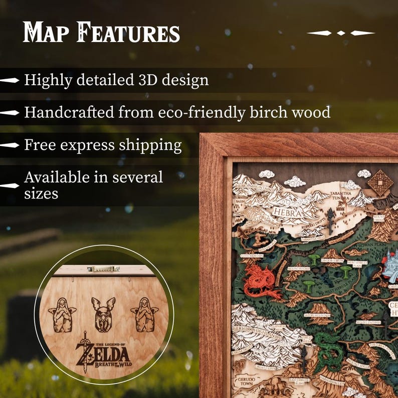 The Lands of Hyrule 3D Wood Map, BOTW Shrine Map Detail, Unique Gamer ...