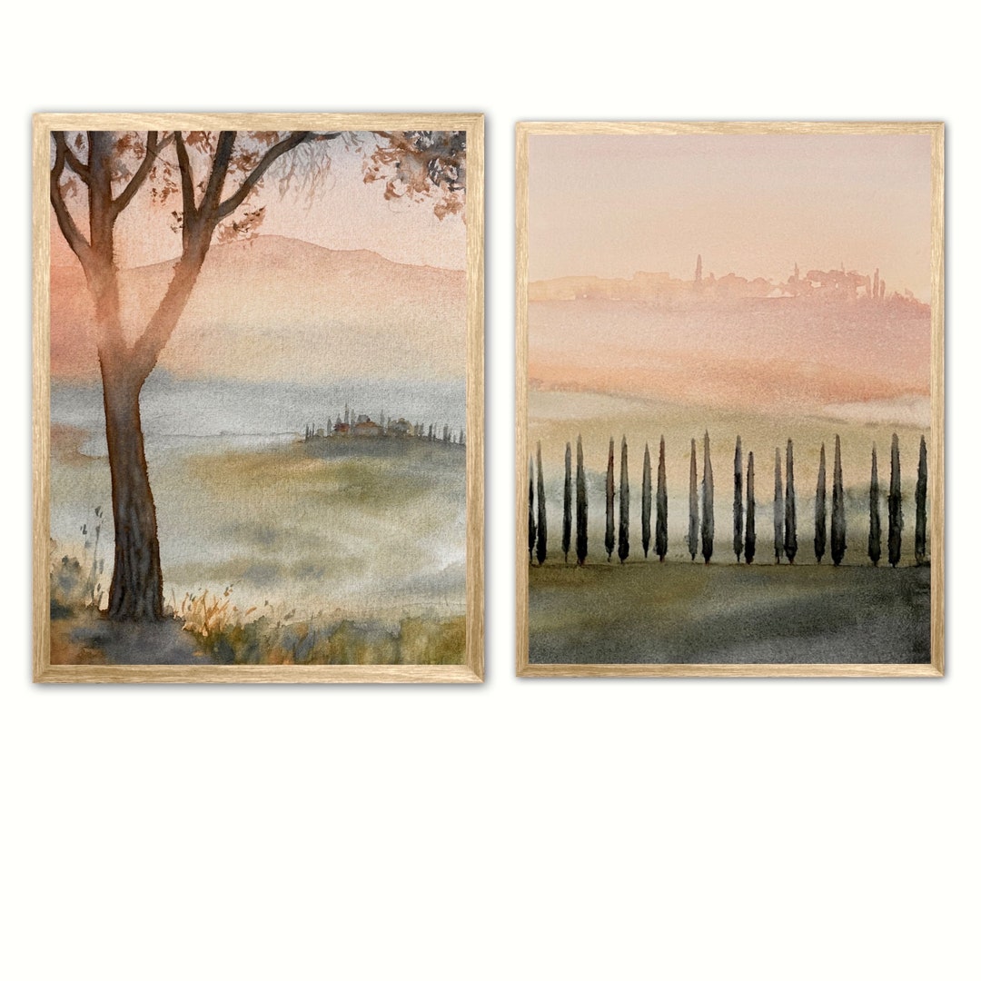 Cypress Tree Wall Art , Watercolor Painting of Golden Autumn Fields ...