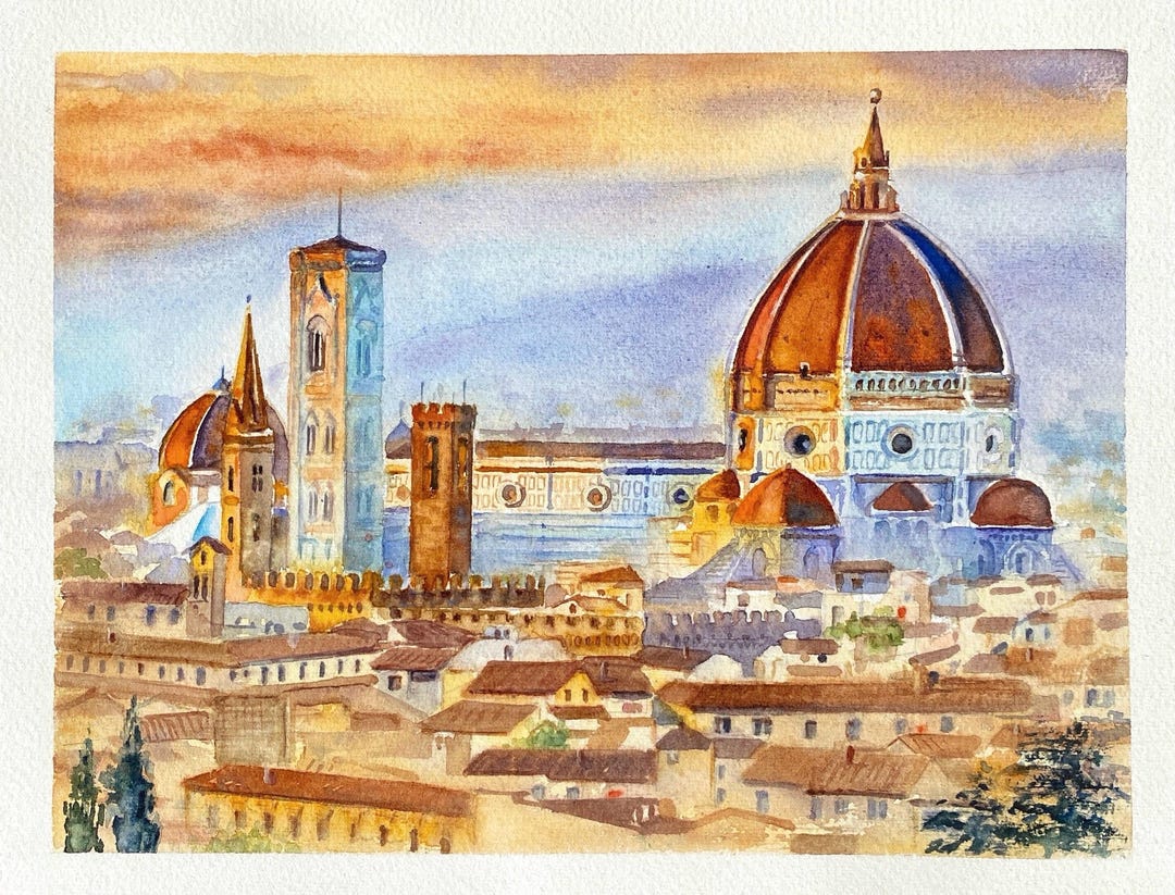 Florence Sunrise Watercolor Painting: Tuscany Art, Italy Gift - Etsy