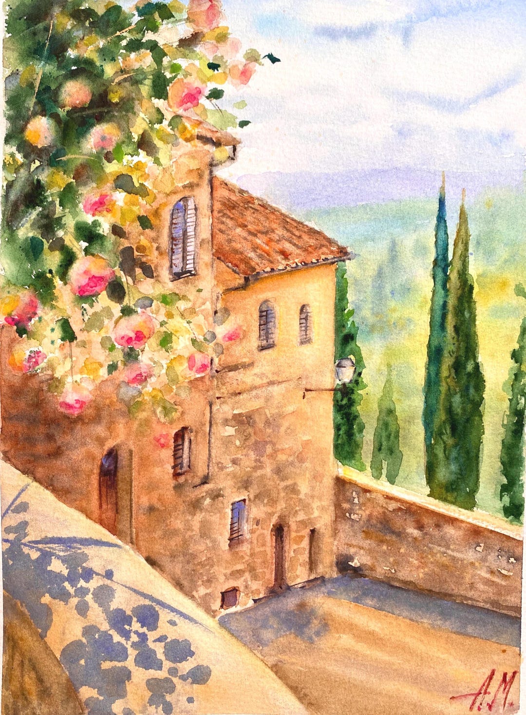Handmade Watercolor Wall Painting, Tuscany in Italy, Painting of a ...