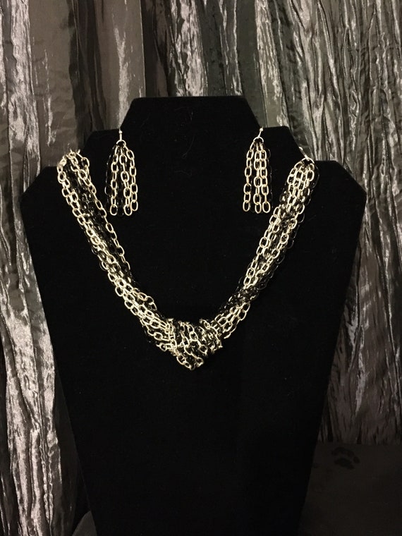 Chain mail, two-tone silver and black necklace with m… - Gem