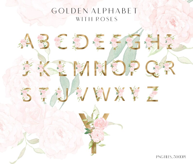 Golden Alphabet With Roses - Golden Letters With Flowers - Floral ...