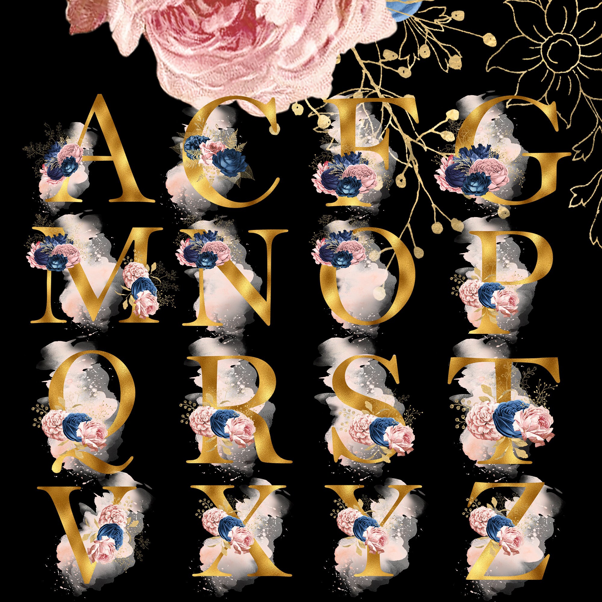 Floral Alphabet Clipart, Floral Font Gold Foil, Golden Letter, Gold ...