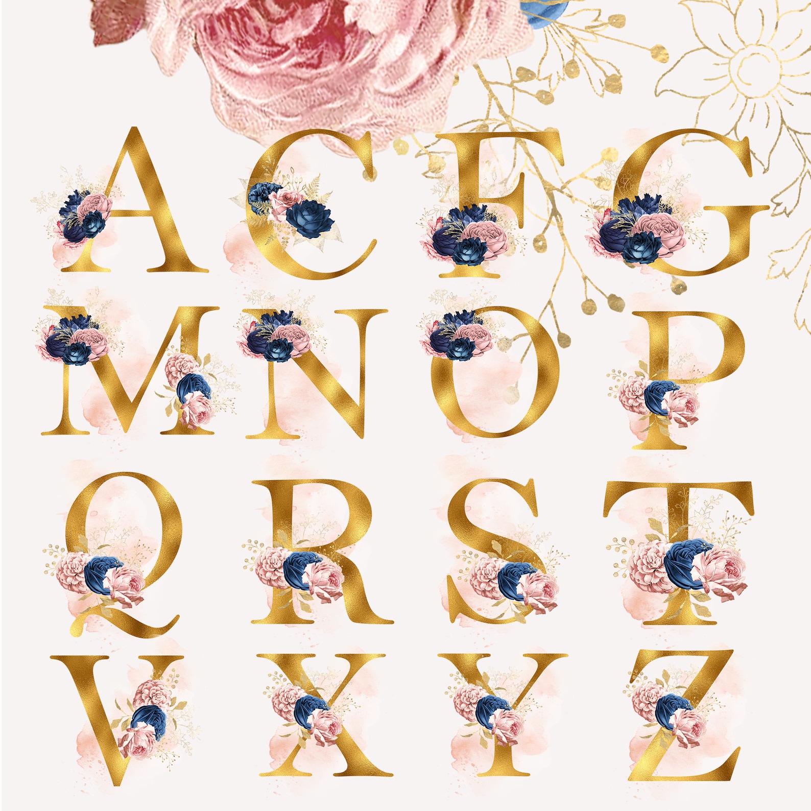 Floral Alphabet Clipart, Floral Font Gold Foil, Golden Letter, Gold ...
