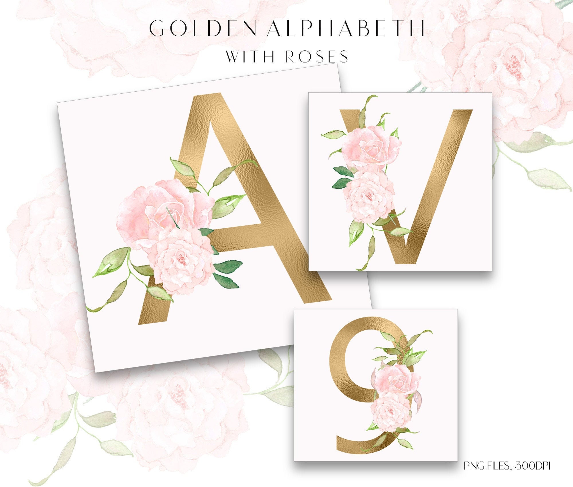 Golden Alphabet With Roses - Golden Letters With Flowers - Floral ...